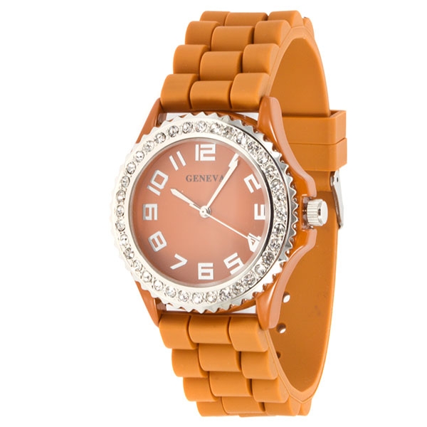 Dark tan silicone watch band with crystal rhinestones surrounding the ...